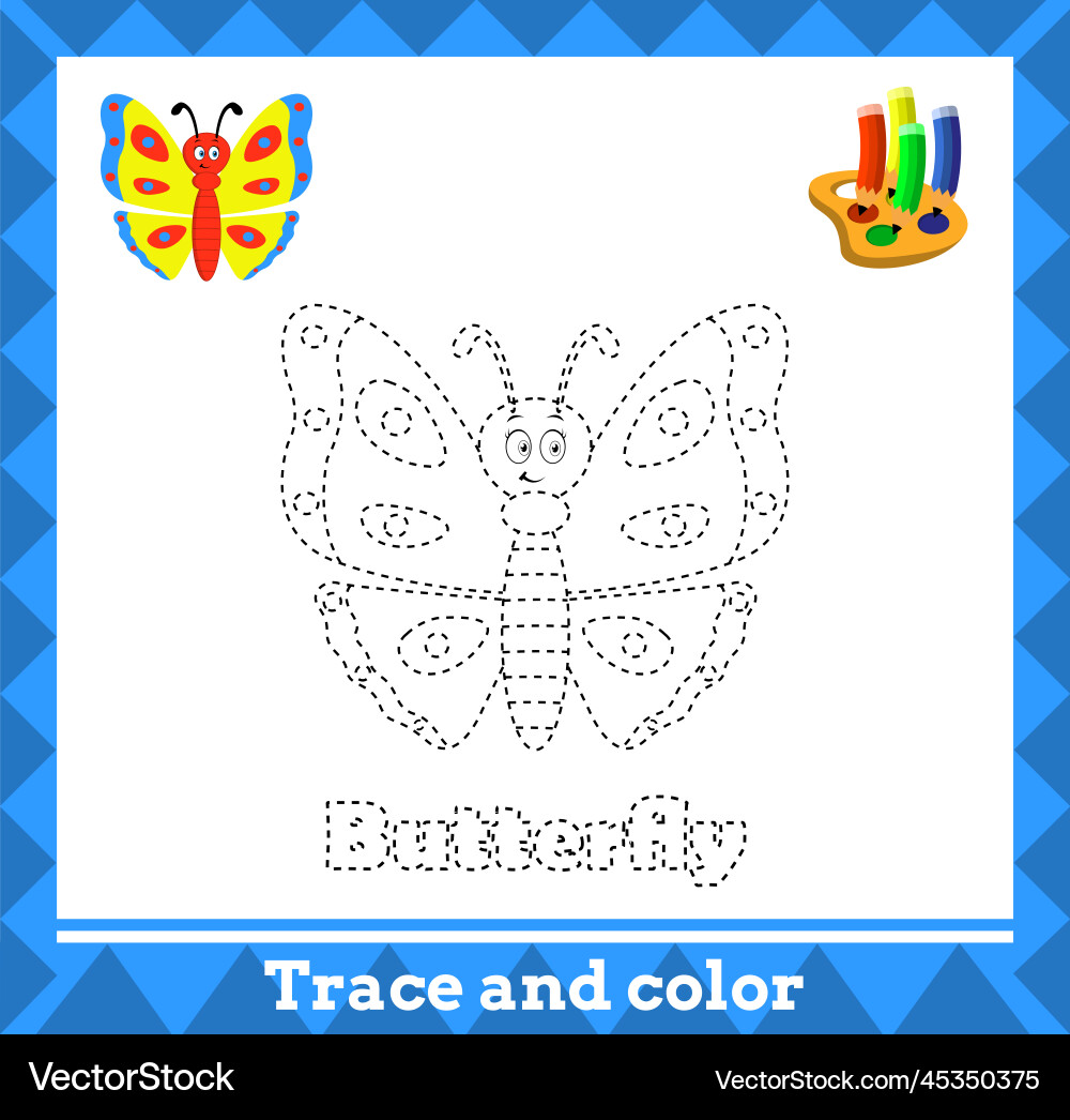Trace and color for kids butterfly Royalty Free Vector Image