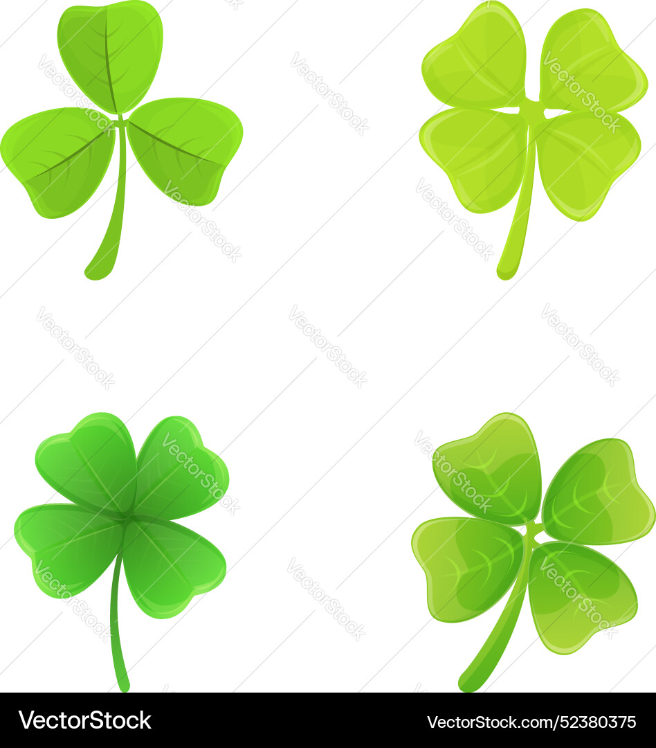 Various clover icons set cartoon green Royalty Free Vector