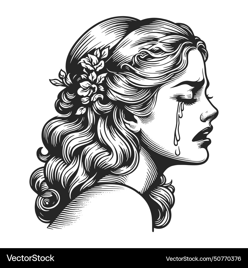 Crying woman in sorrow engraving sketch Royalty Free Vector