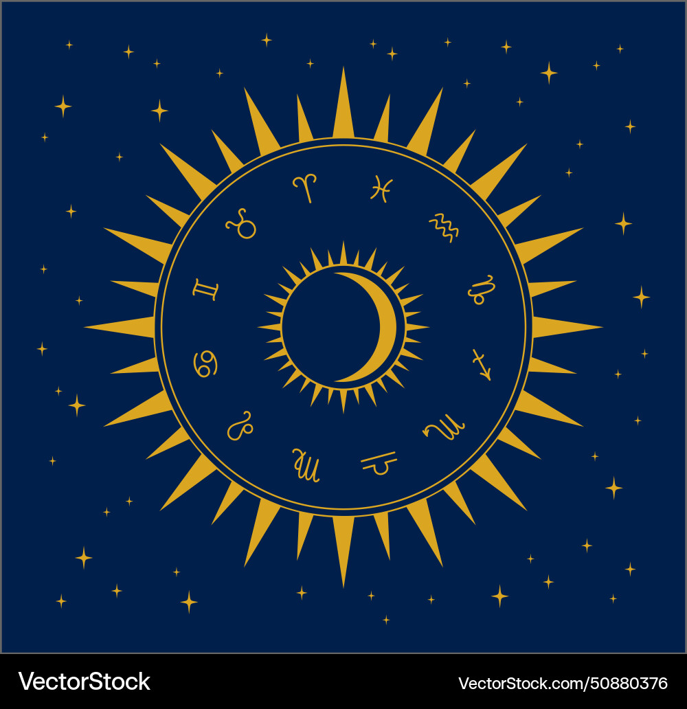 Gold zodiac circle with signs on a dark Royalty Free Vector