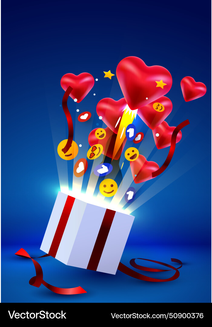 Open gift box with emoji and hearts explosion Vector Image