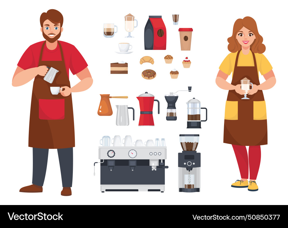 Barista coffee flat set Royalty Free Vector Image