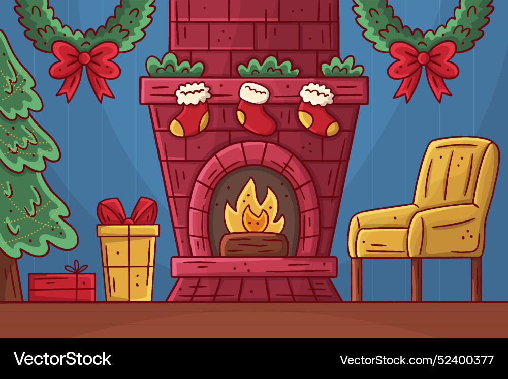 Hand drawn christmas fireplace scene Royalty Free Vector