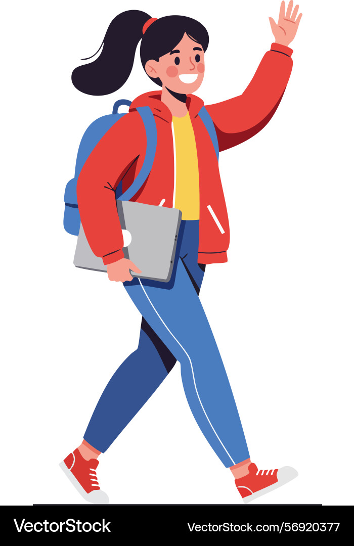 Student walking with backpack and laptop happily Vector Image