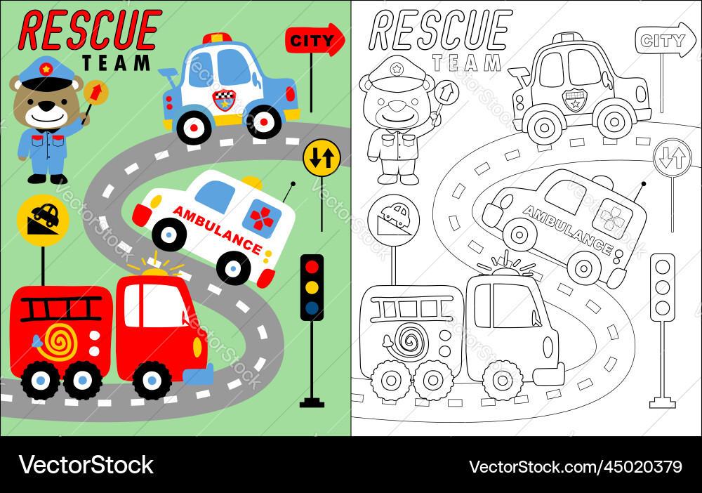 Rescue vehicle cartoon with funny bear Royalty Free Vector
