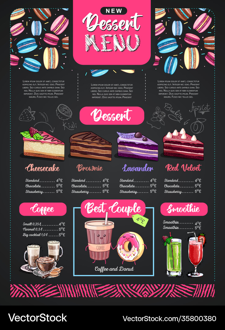 Dessert menu design with sweet macaroons and cakes