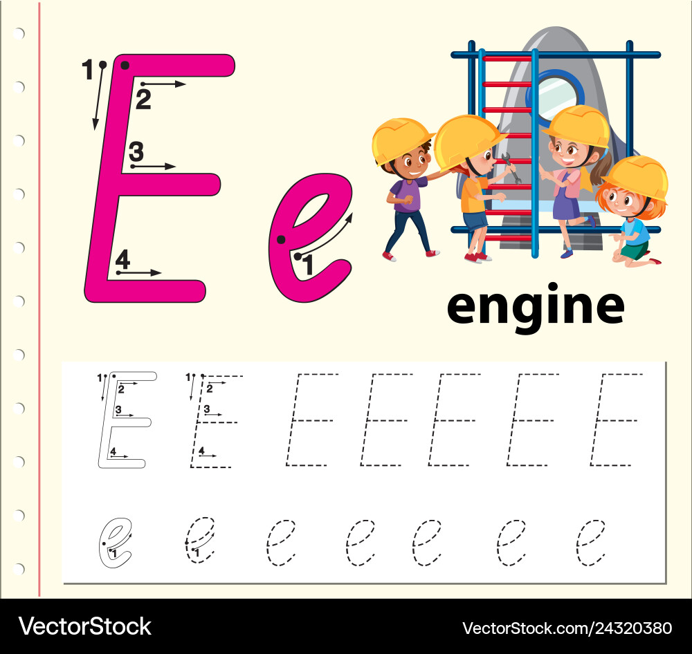 Letter e tracing alphabet worksheets Royalty Free Vector