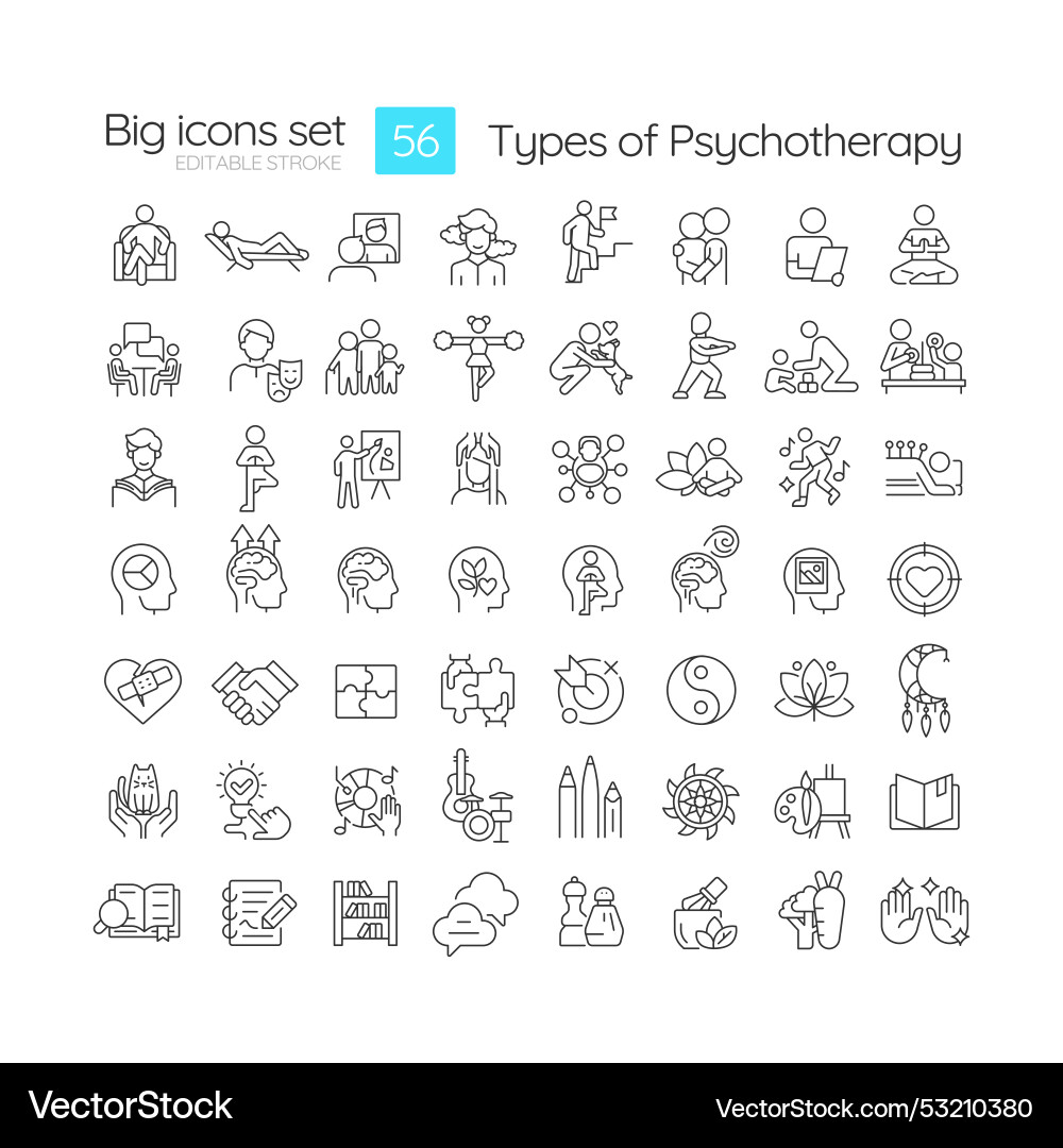 Types of psychotherapy linear icons set Royalty Free Vector