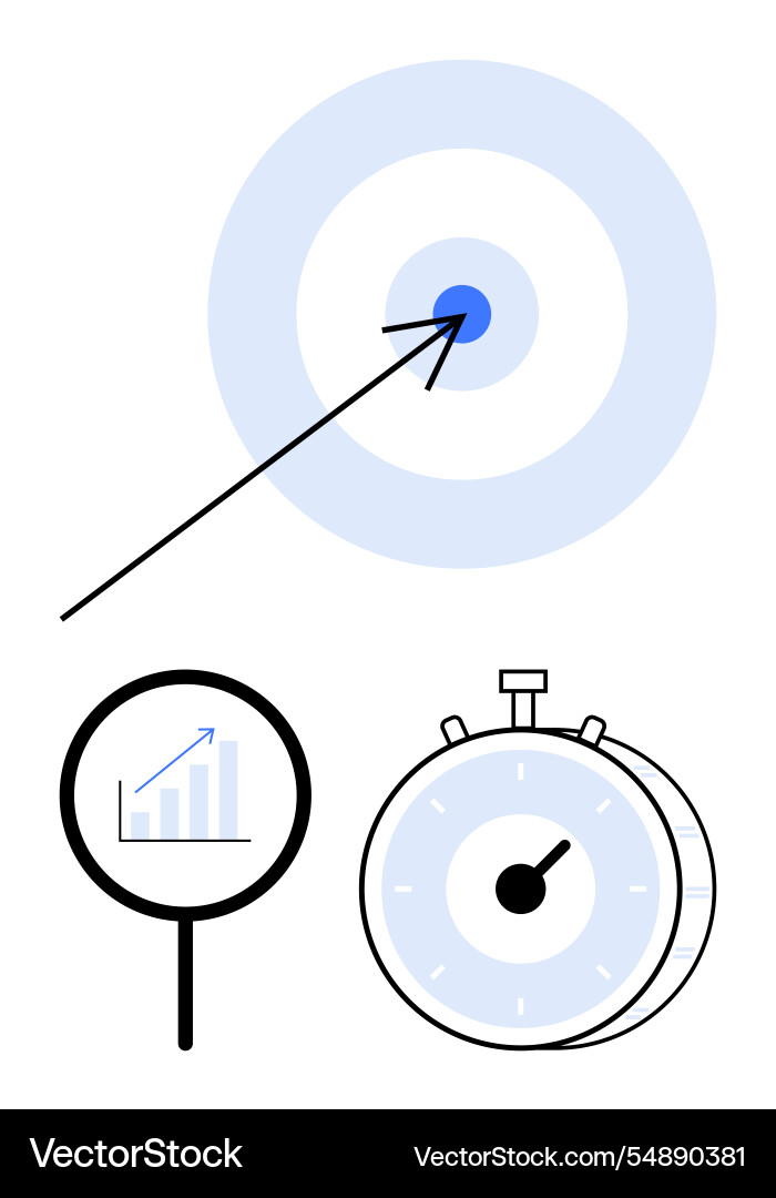 Bullseye with arrow stopwatch and magnifying Vector Image