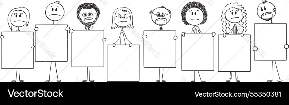 Unhappy diverse team holding empty sign cartoon Vector Image