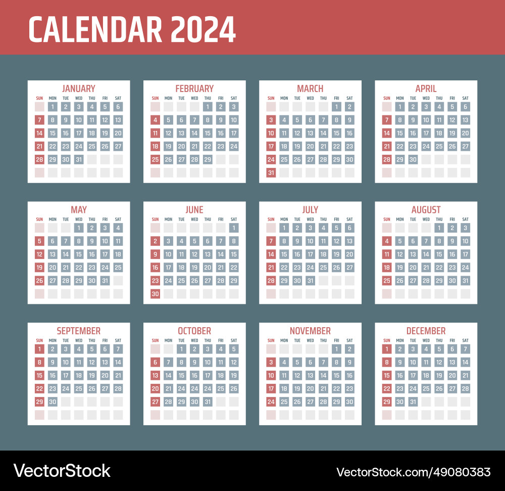 Calendar for 2024 starts sunday Royalty Free Vector Image