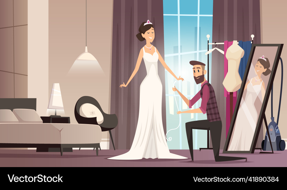 Fitting wedding dress dressmaker making Royalty Free Vector