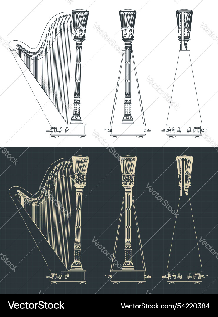 Harp classical instrument blueprints Royalty Free Vector