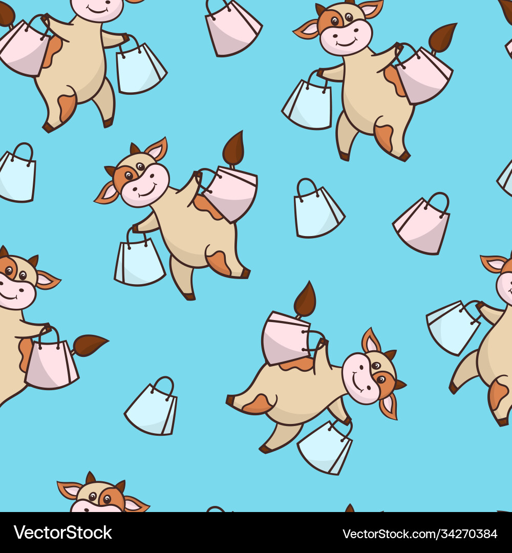 Seamless pattern with a funny cow on shopping Vector Image