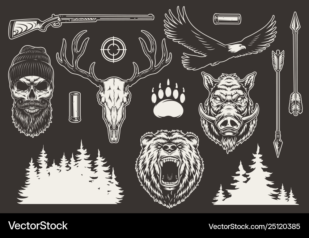 Vintage hunting elements collection Royalty Free Vector