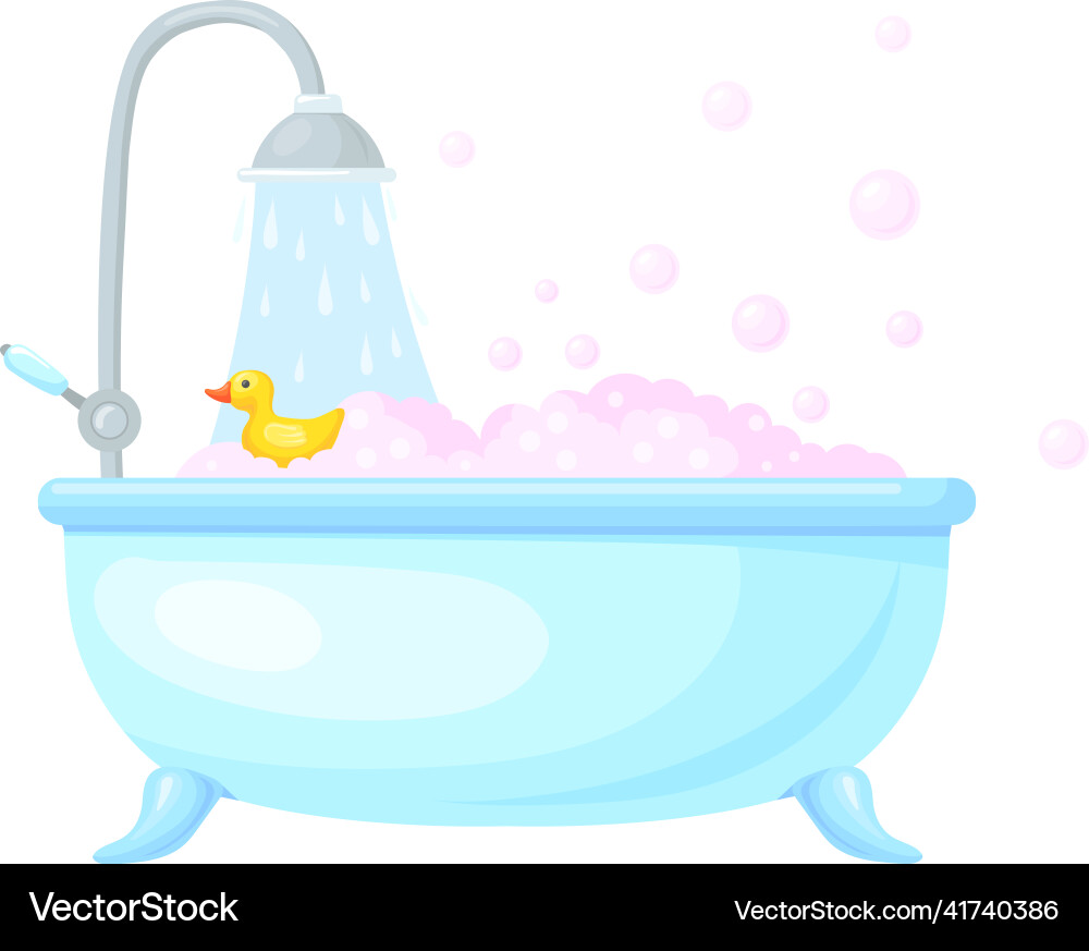Full bath with bubbles and yellow duck cartoon Vector Image