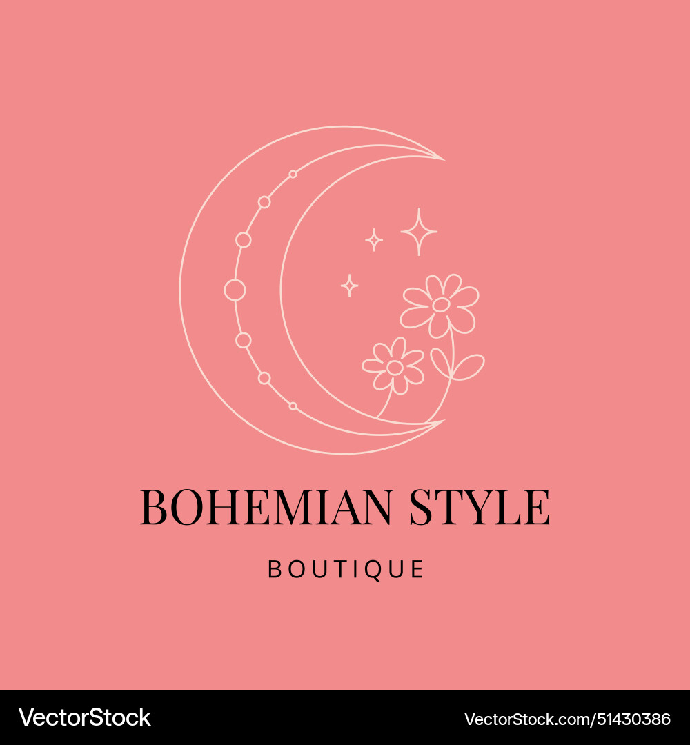 Linear bohemian moon logo with flowers abstract Vector Image