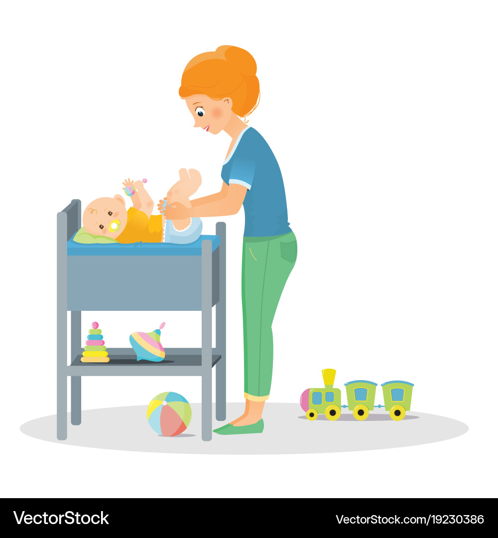 Mom changes a diaper to newborn Royalty Free Vector Image