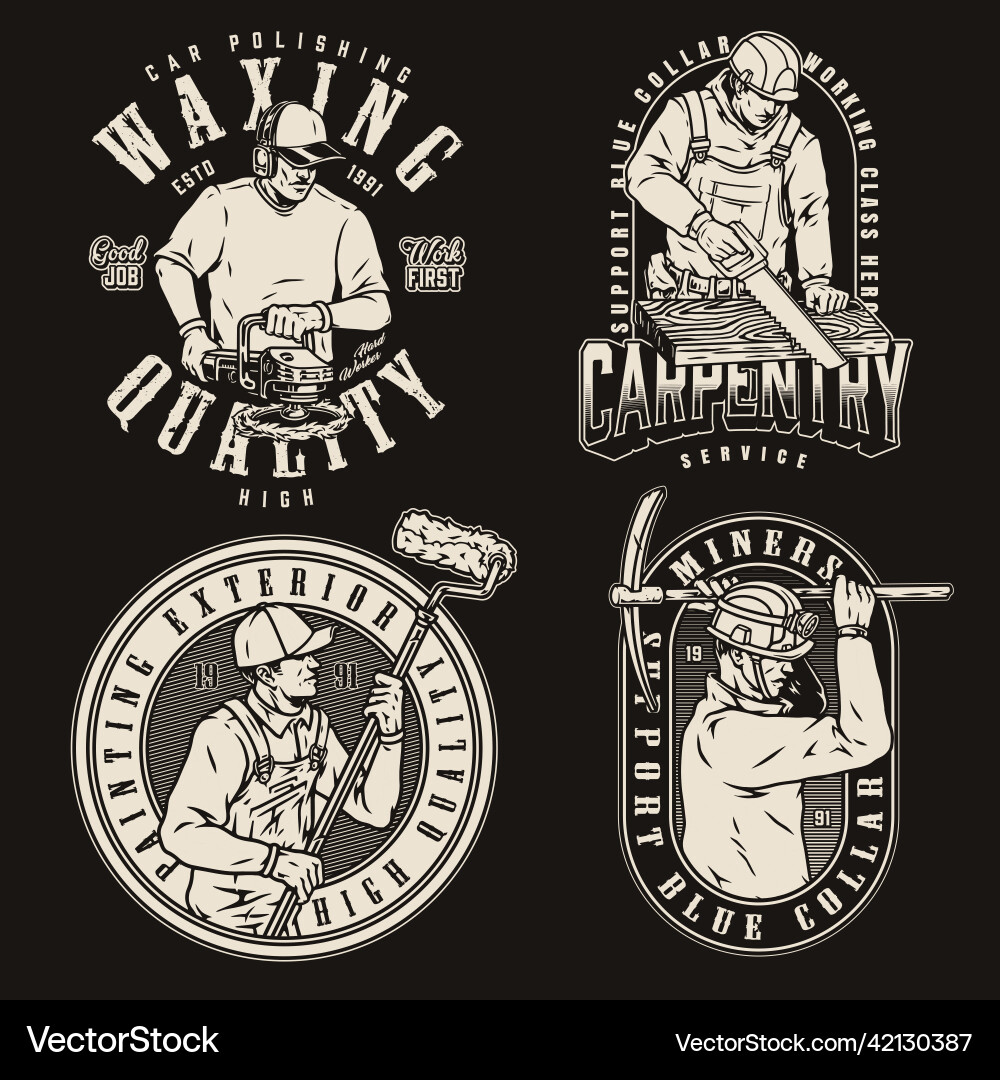 Manual labour monochrome badges set Royalty Free Vector