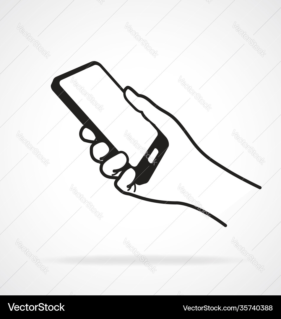 Simple hand holding smartphone outline Royalty Free Vector