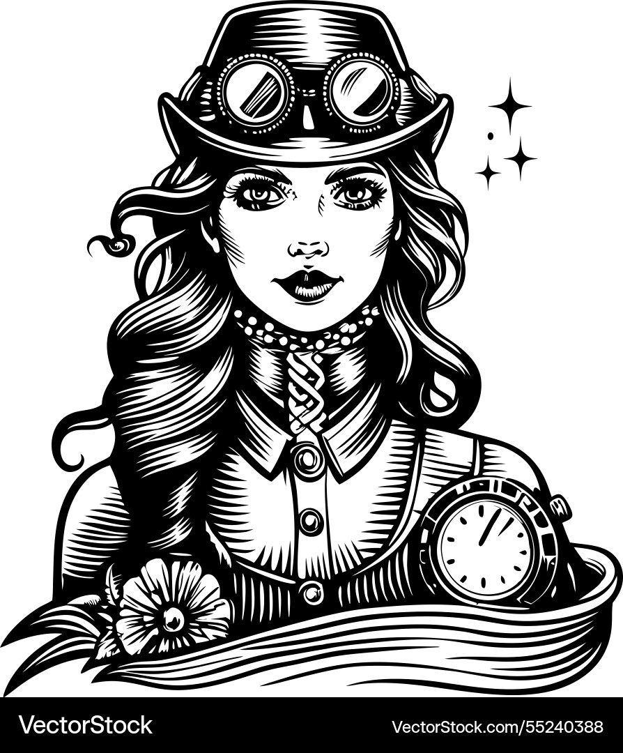 Steampunk woman engraving sketch Royalty Free Vector Image