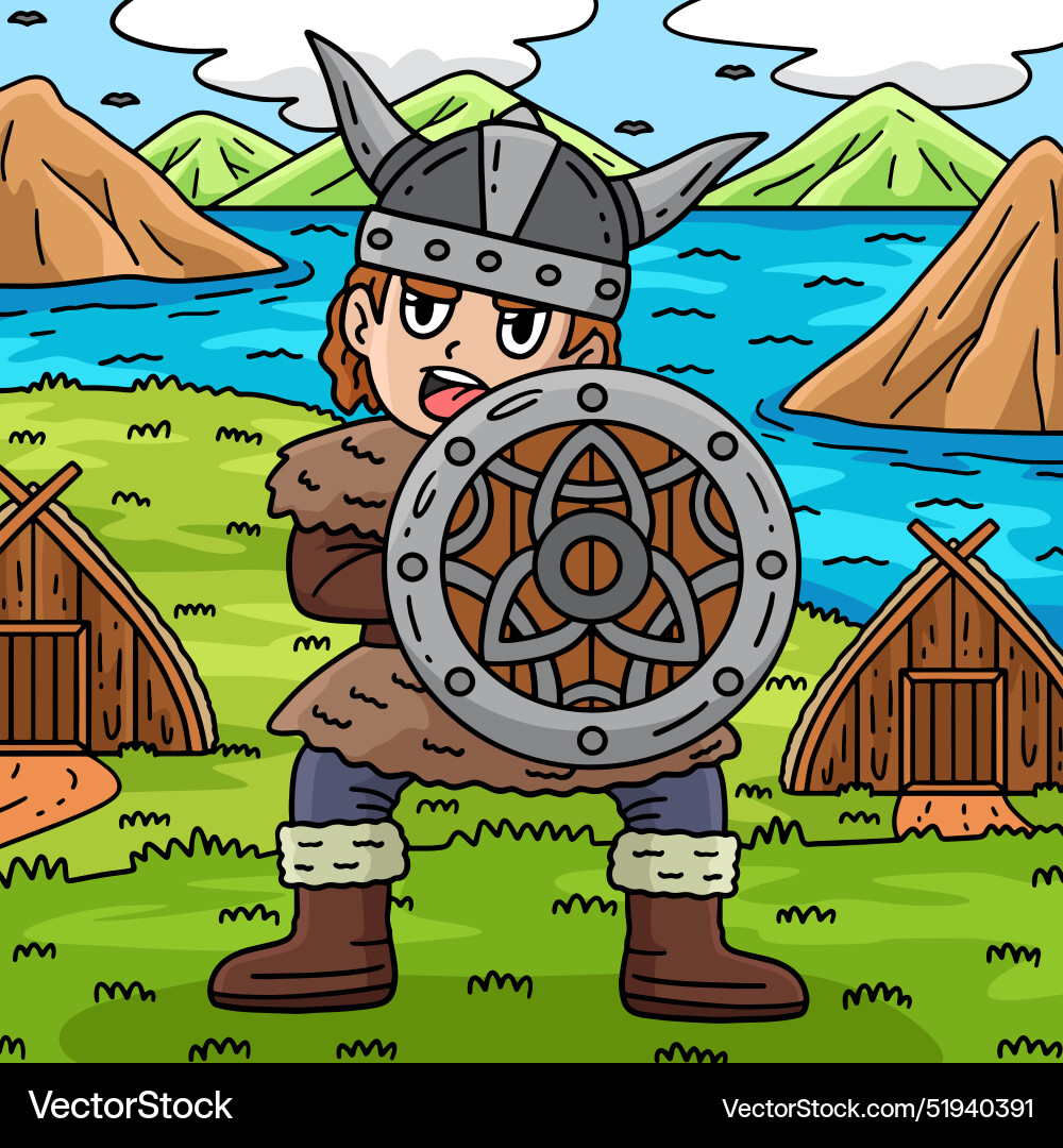 Viking with a shield colored cartoon Royalty Free Vector