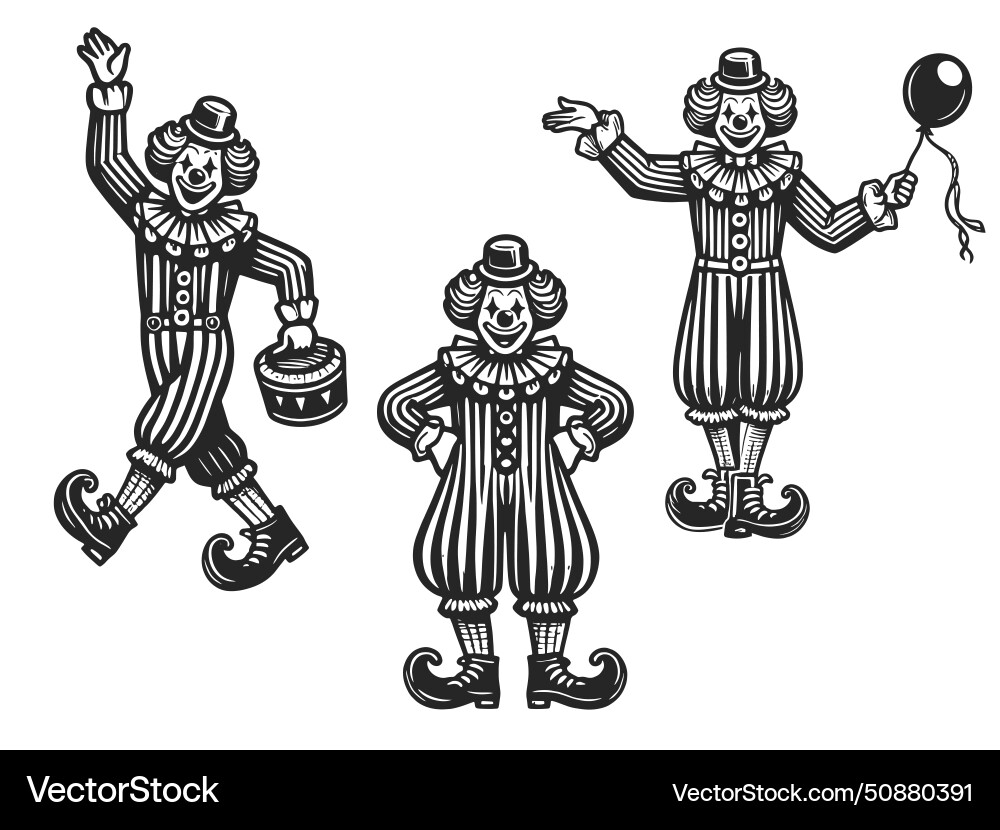 Vintage circus clown set engraving Royalty Free Vector Image