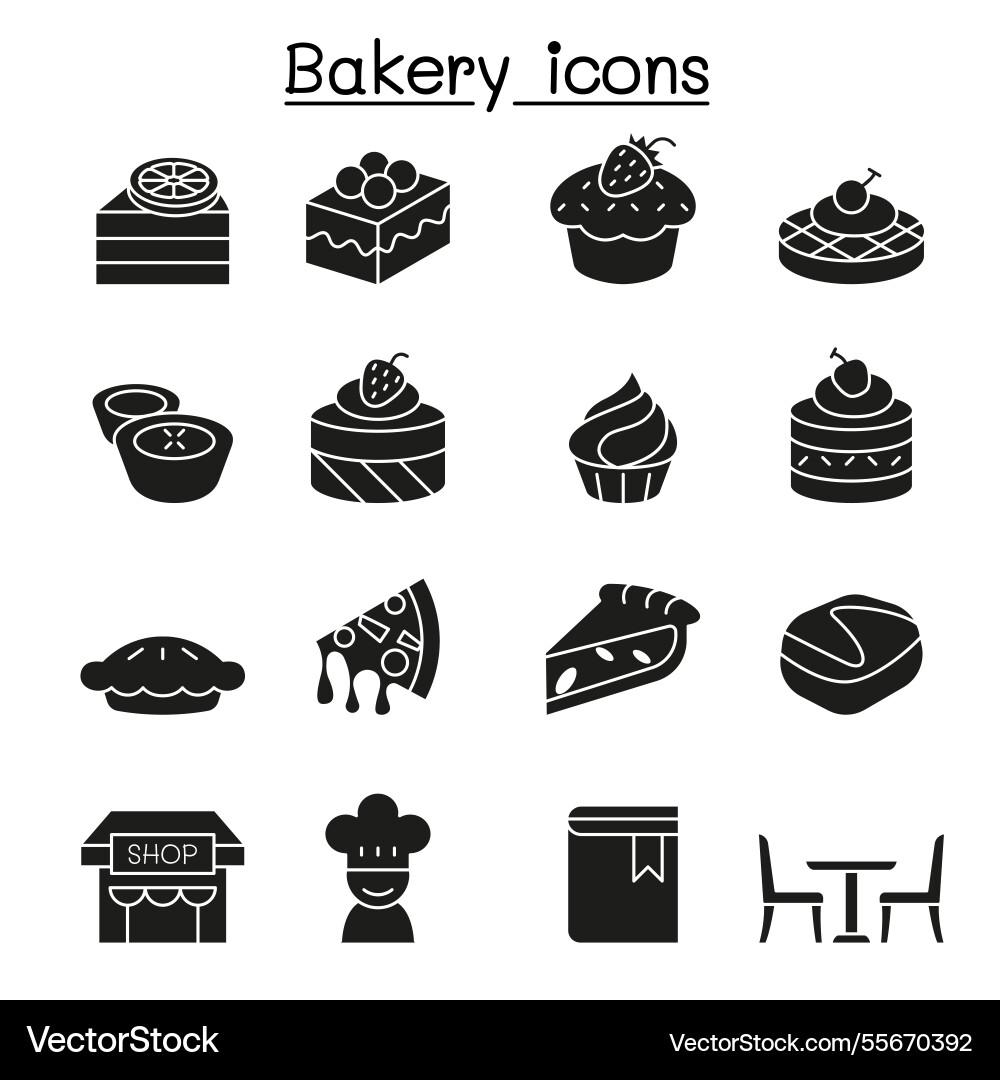 Bakery and pastry icon set in glyph style Vector Image
