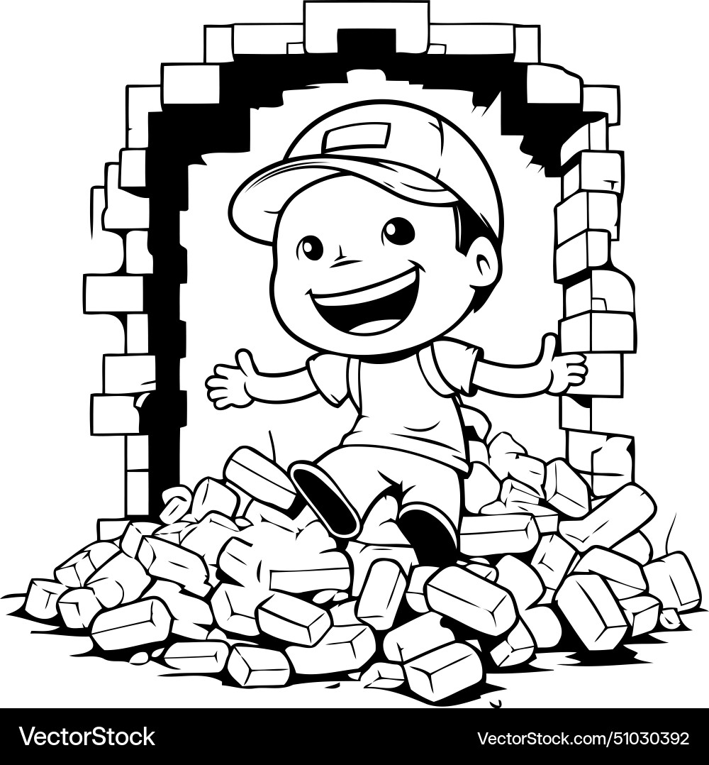Cartoon construction worker with brick wall Vector Image