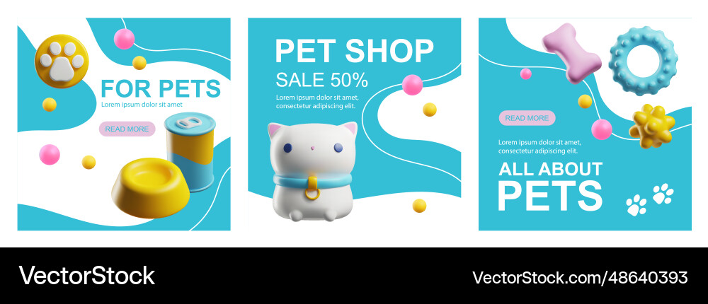 Set of squared banners about pets 3d style Vector Image