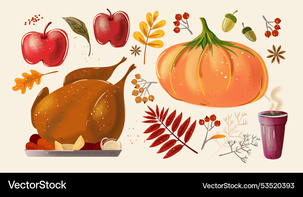 Thanksgiving day set with turkey Royalty Free Vector Image