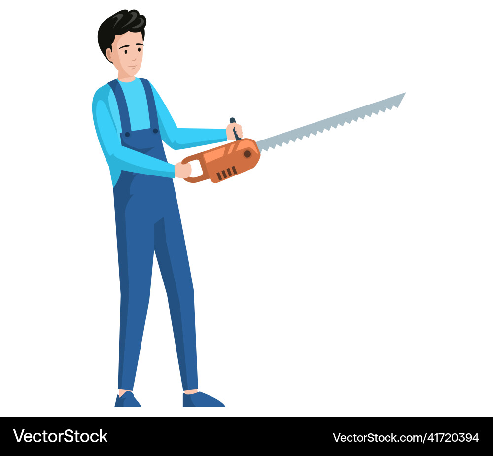 Man stands with saw guy holding tool to cut trees Vector Image