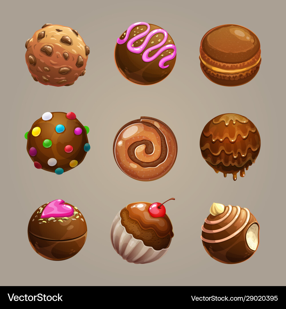Chocolate candy balls set round glazed sweet Vector Image
