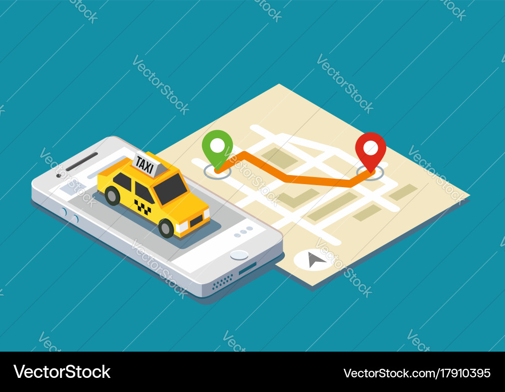 Isometric taxi location and map Royalty Free Vector Image
