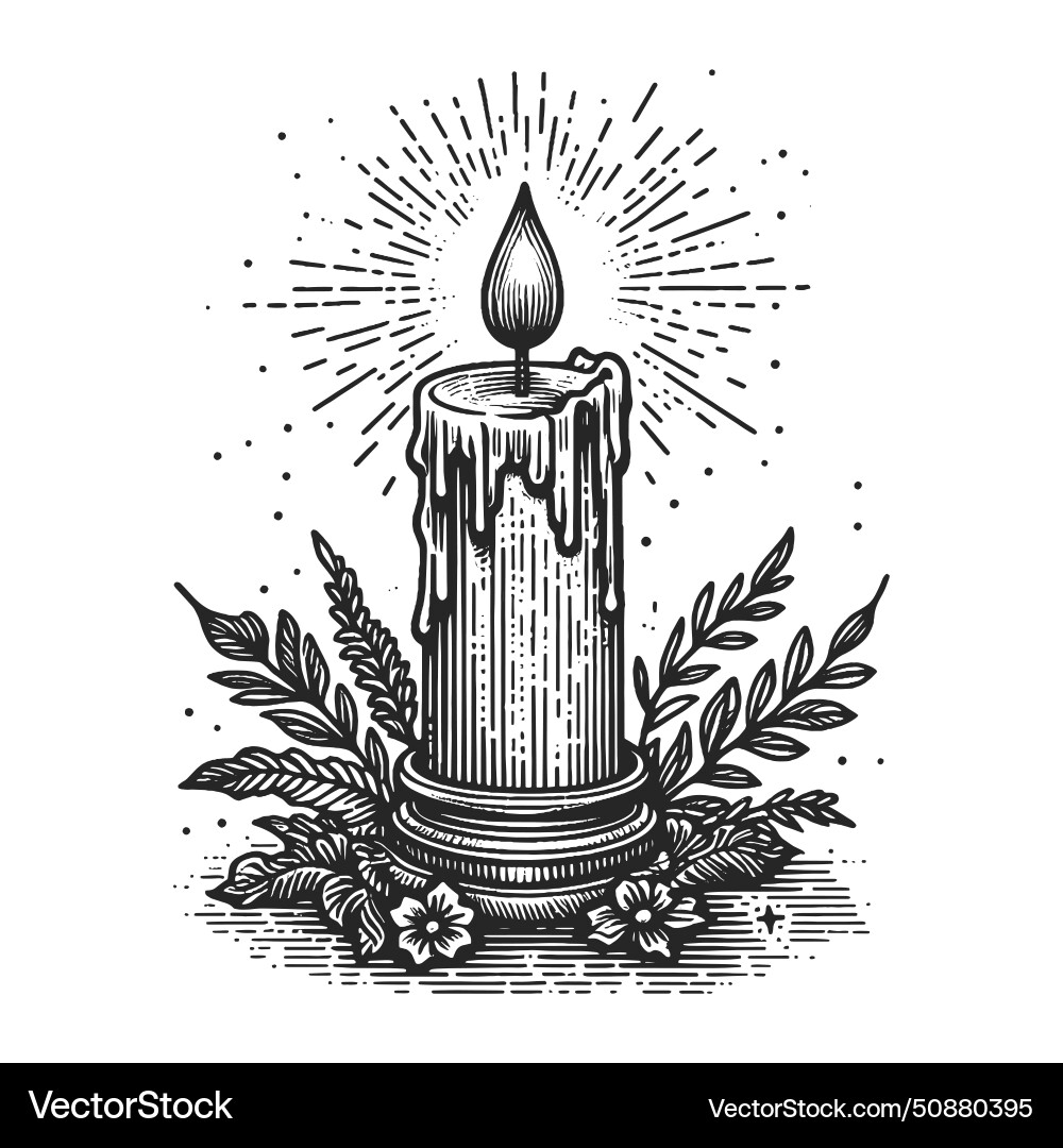 Lit candle in holder engraving Royalty Free Vector Image
