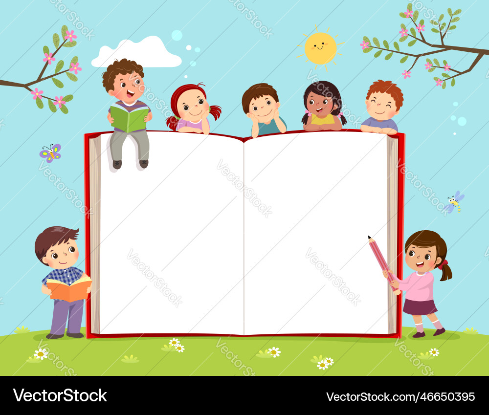 Vorlage mit Kindern und geöffnetem Buch Vektorbild