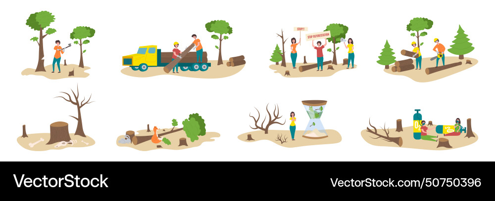 Deforestation flat set Royalty Free Vector Image