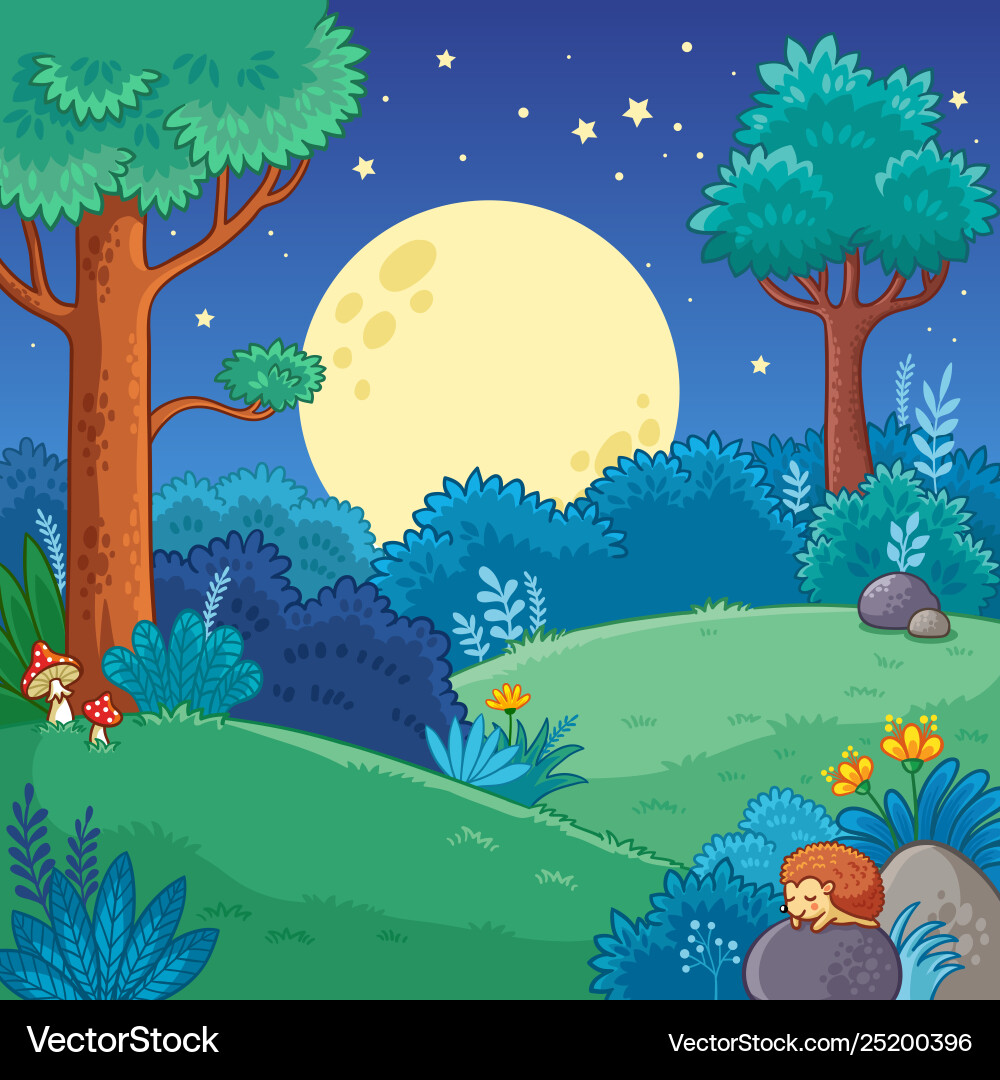 With trees and moon in cartoon Royalty Free Vector Image