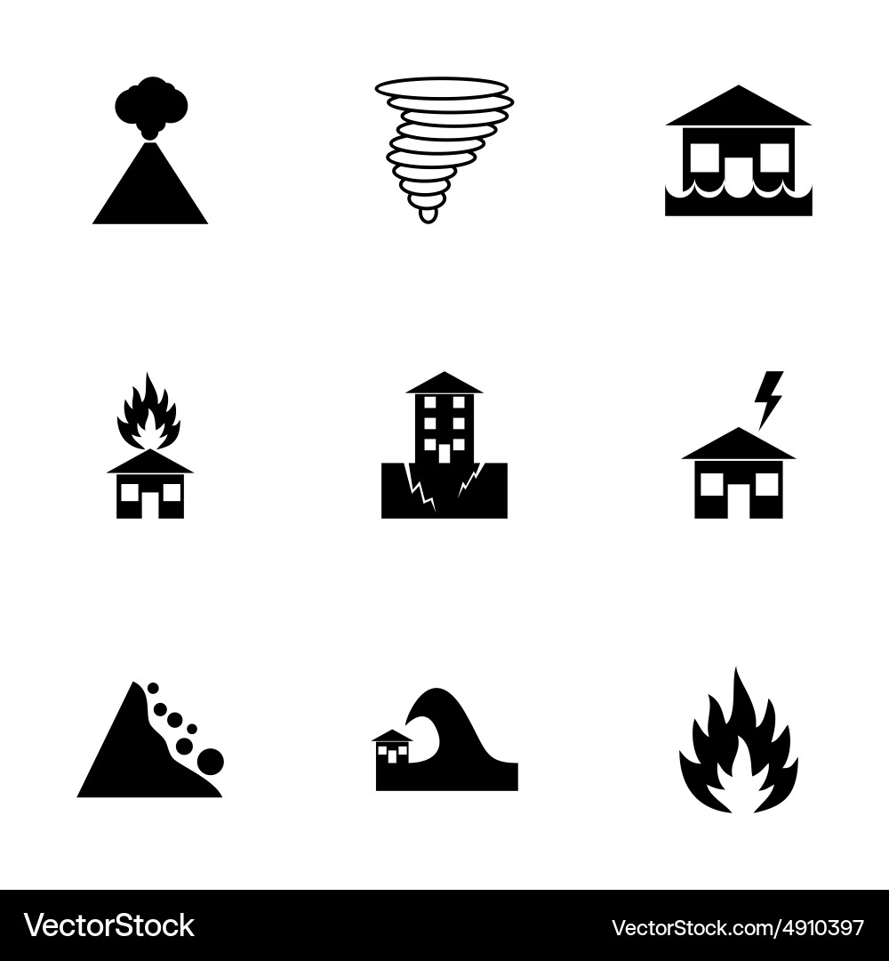 Black disaster icon set Royalty Free Vector Image