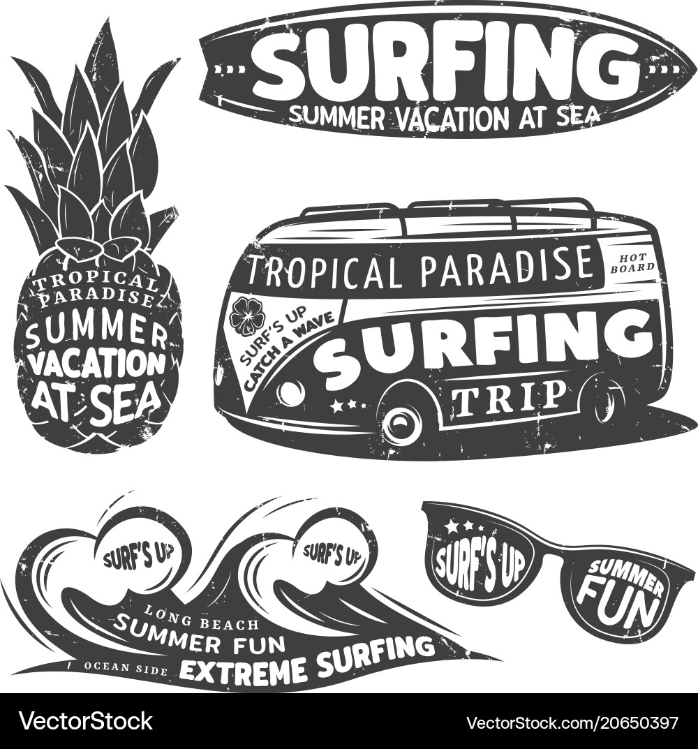 Vintage monochrome surfing graphics set Royalty Free Vector