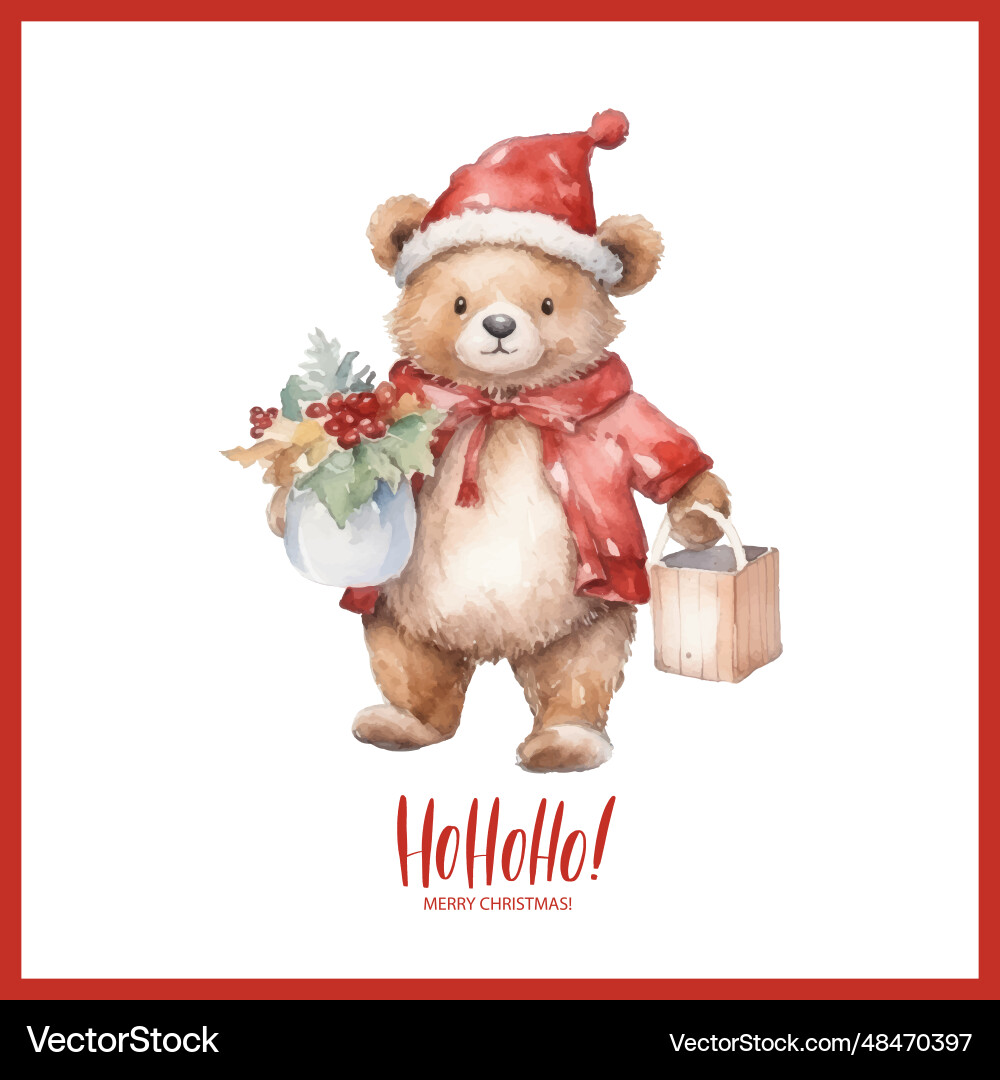 Watercolor Christmas Teddy Bear Card Royalty Free Vector