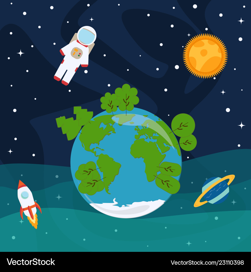 Astronaut planets and stars rocket ship in space Vector Image