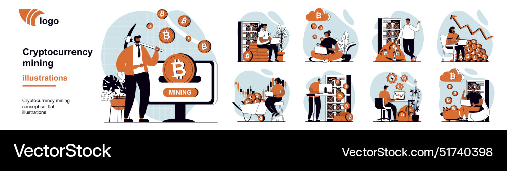 Cryptocurrency mining concept with people scenes Vector Image