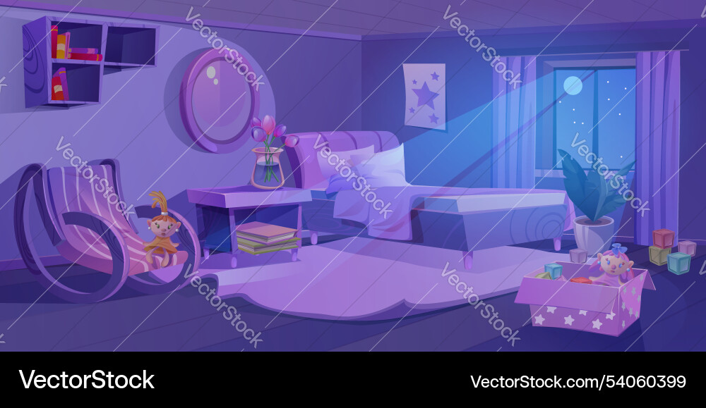 Nighttime bedroom interior under moonlight Vector Image