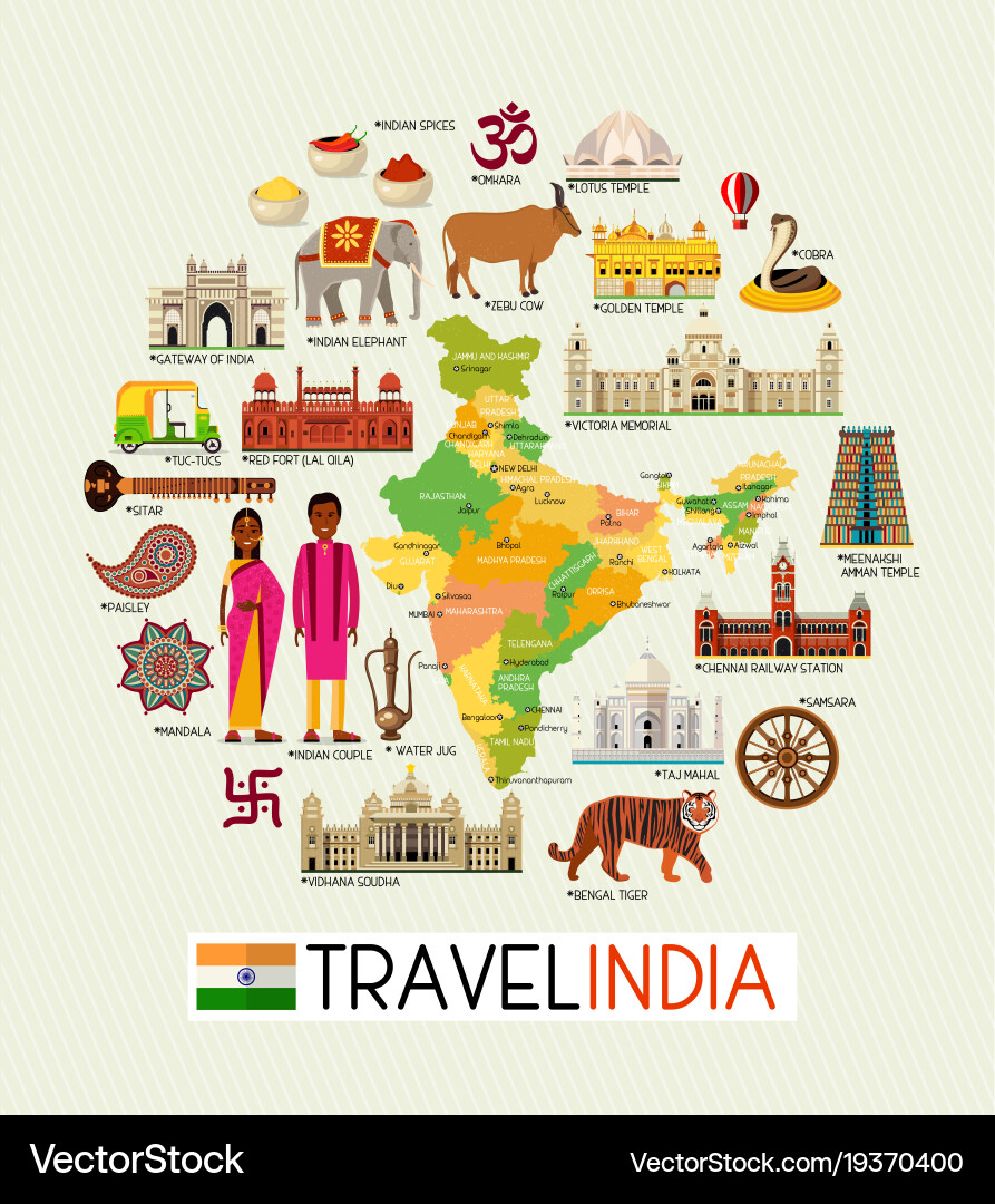 India travel map with sightseeing places Vector Image