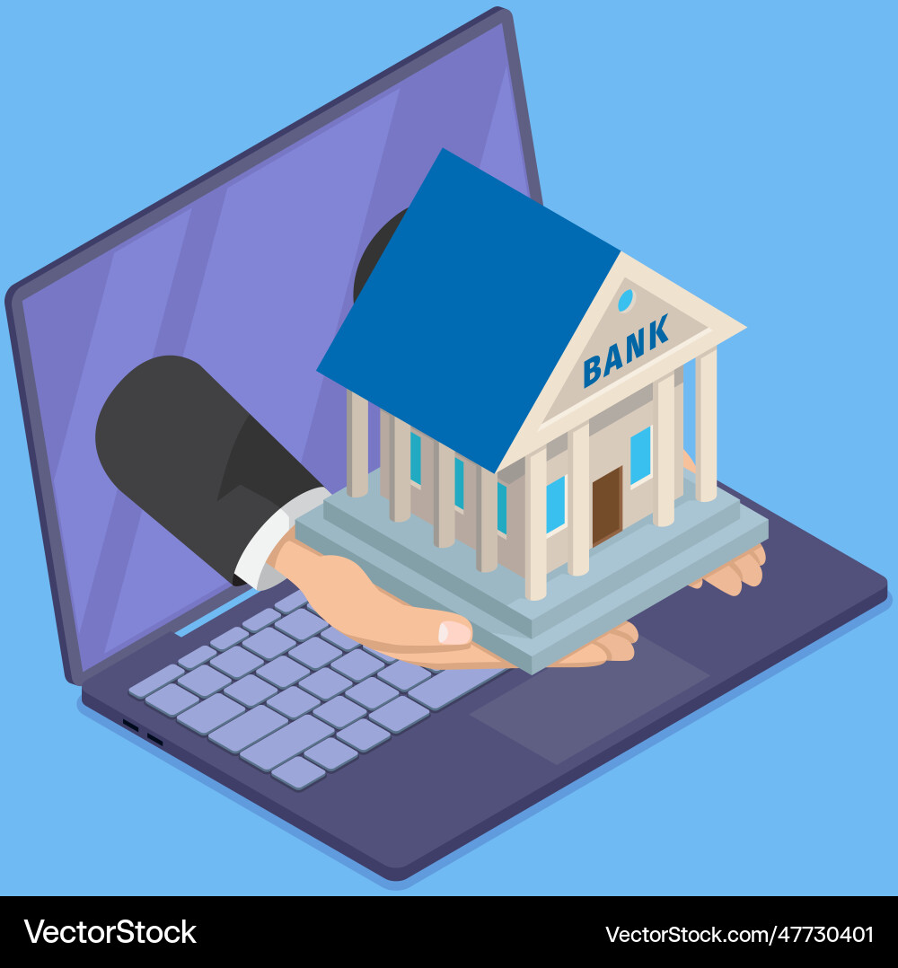 Online banking with bank in computer hands Vector Image