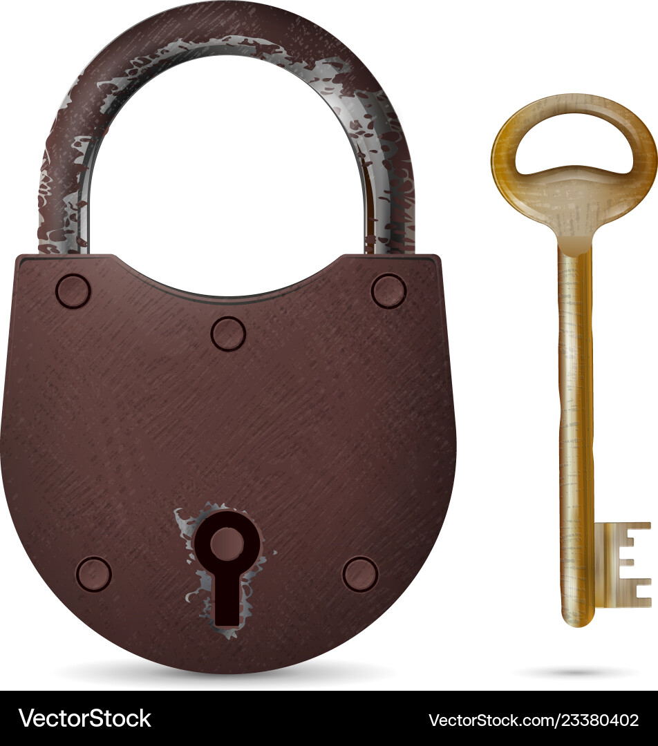 Old rusty padlock with metallic key Royalty Free Vector