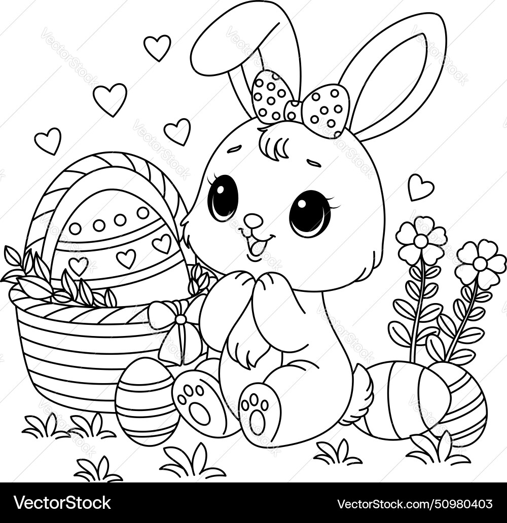 Easter bunny with basket of painted eggs coloring Vector Image