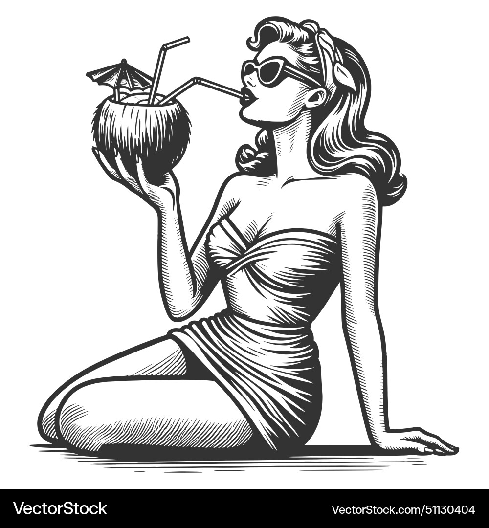 Vintage Pin Up Girl Enjoying Tropical Drink Vector Image