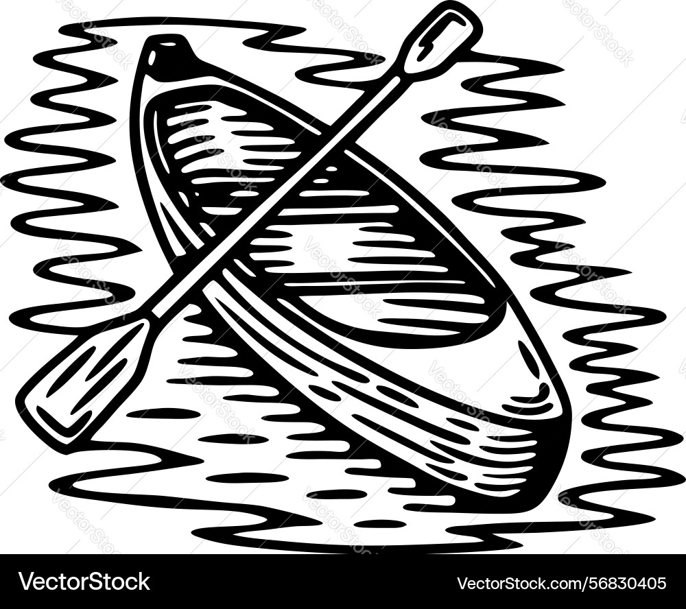 Retro rowboat sketch with paddle on rippling water